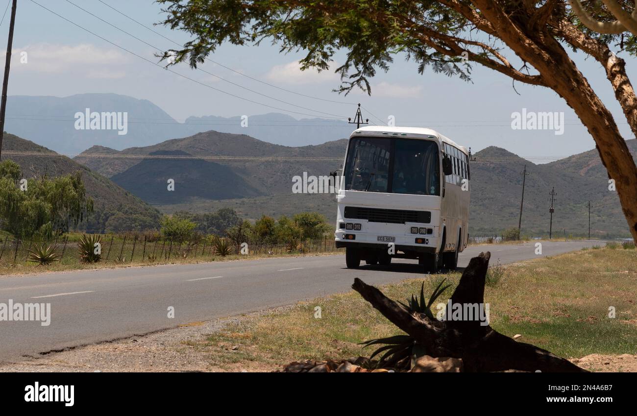 McGregor, Western Cape, South Africa. 2023. School bus approaching the ...