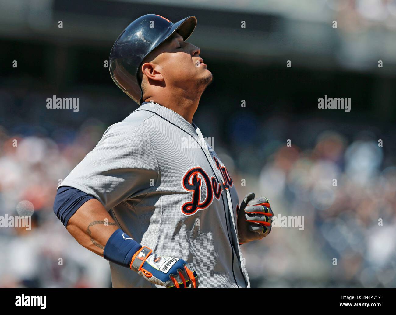Detroit Tigers pinch hitter Miguel Cabrera reacts after grounding into ...