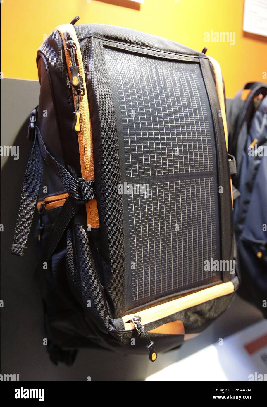 In this Wednesday, Aug. 6, 2014, photo, a EnerPlex Packr Series solar charging backpack is shown ...