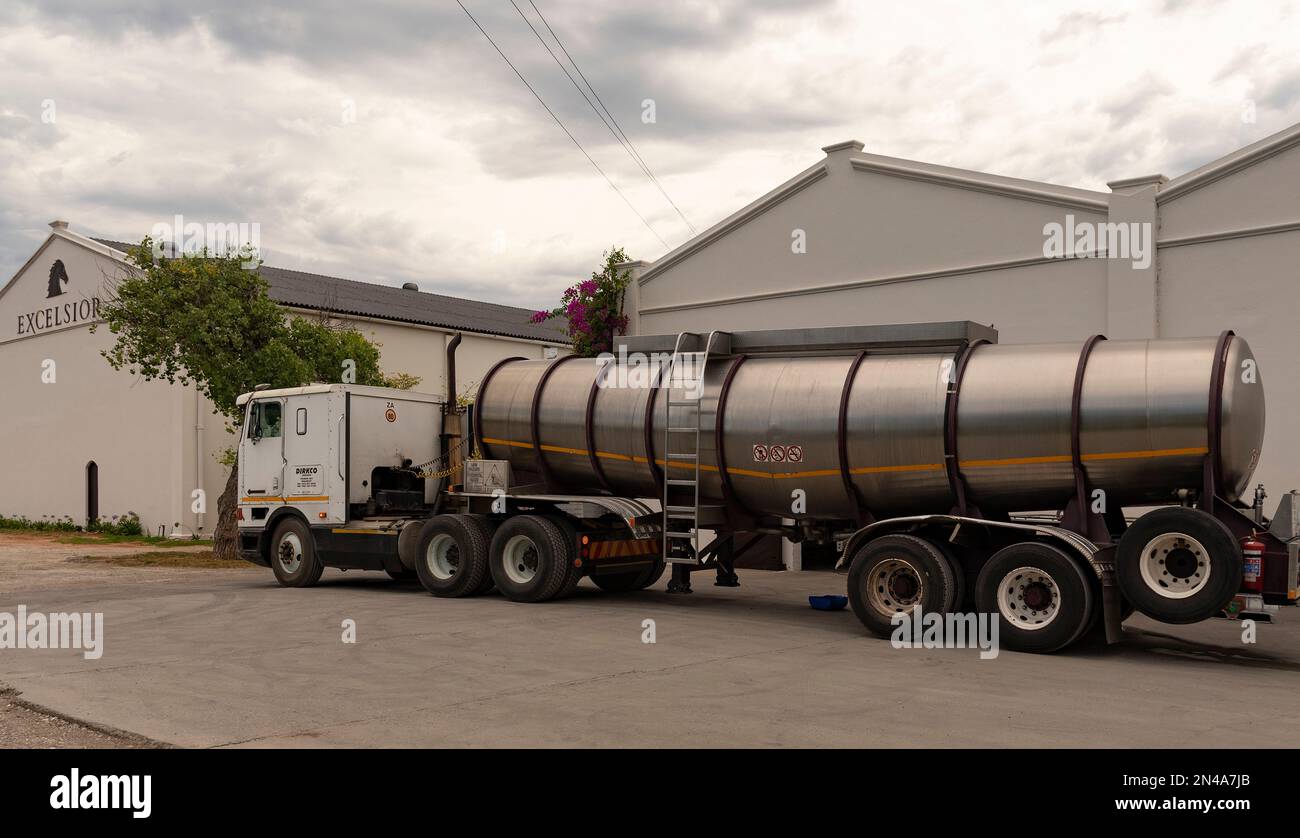 Robertson, Western Cape, South Africa. 2023. Side view of a tanker ...