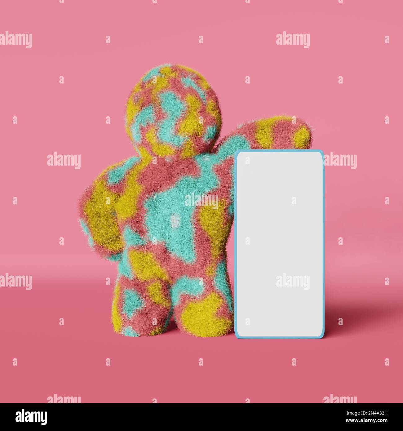 Cute plush rainbow Yeti smartphone mockup 3d rendering pink background ...