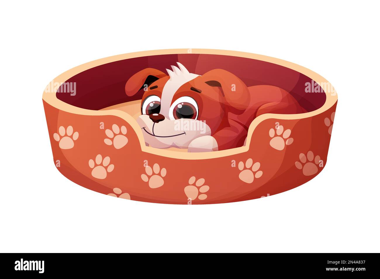 Cute puppy dog in bed decorated with paws, lying happy animal in ...