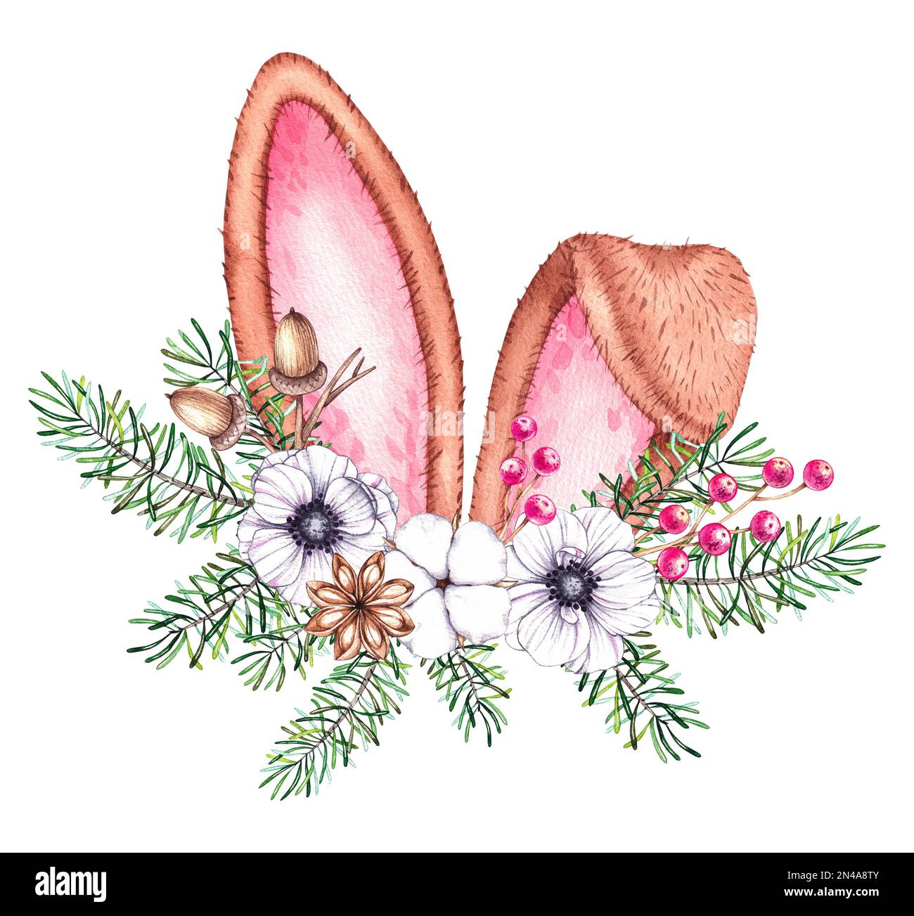 Watercolor Christmas bunny ears with a coniferous bouquet on a white ...