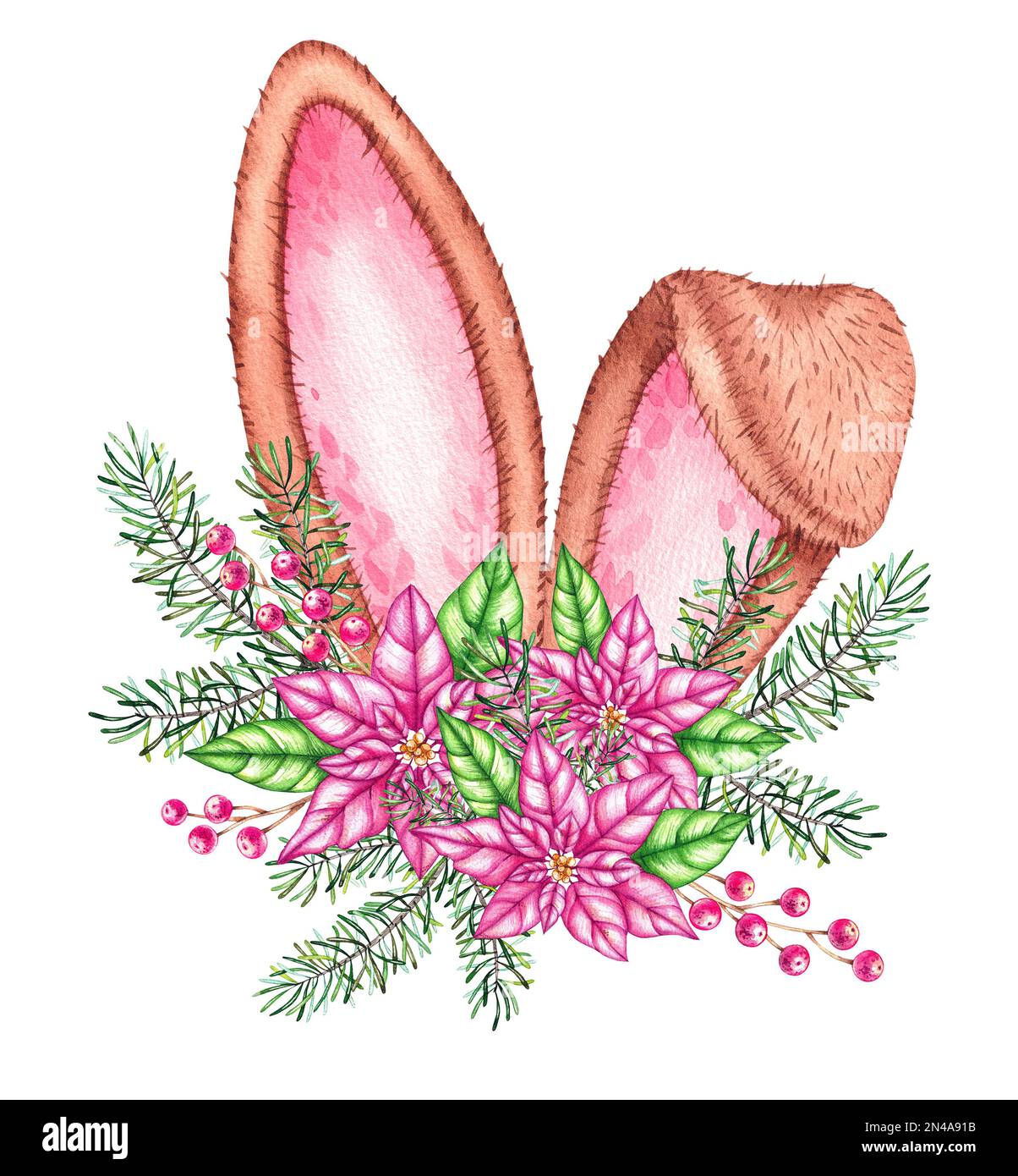 Watercolor Christmas bunny ears with a coniferous bouquet on a white ...