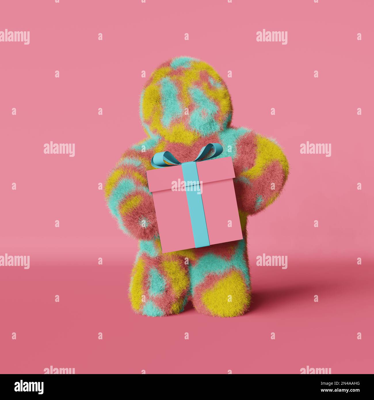 Cute plush rainbow Yeti with gift box 3d rendering hairy character pink ...