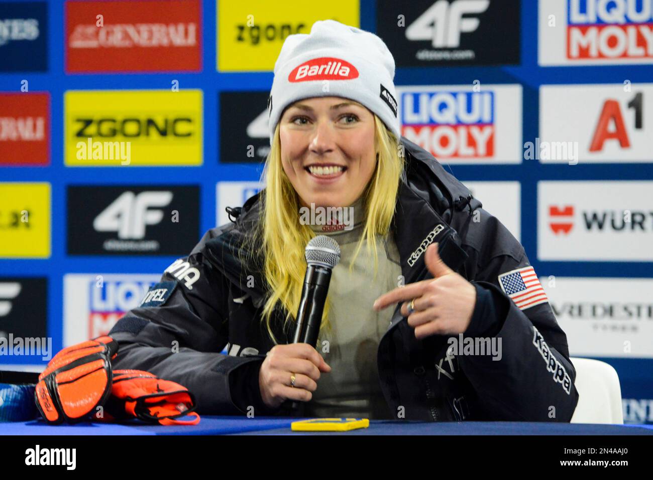 February 8, 2023, France: MIKAELA SHIFFRIN speaks with the media following her second place ...