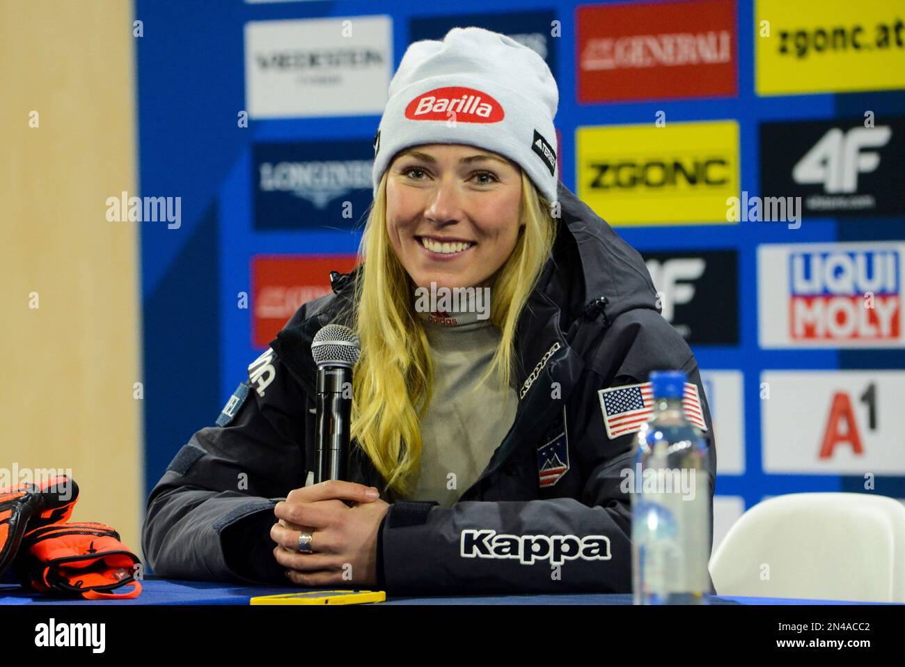February 8, 2023, France: MIKAELA SHIFFRIN speaks with the media following her second place ...