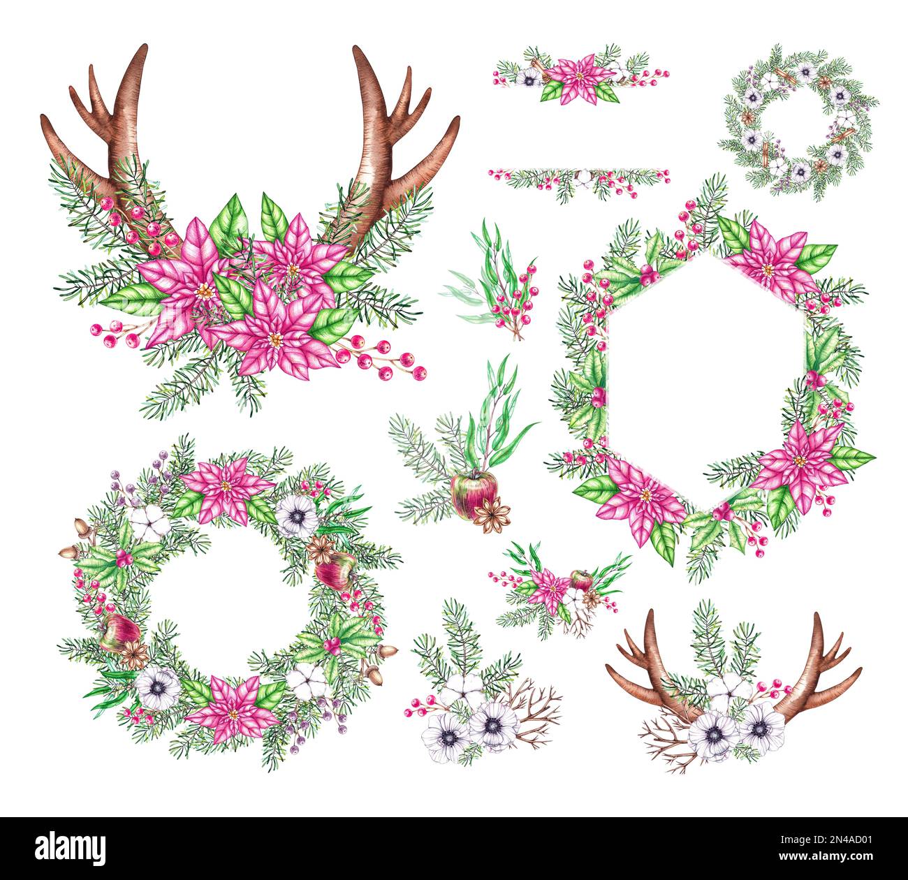 Watercolor set of Christmas bouquets, frames, wreaths, horns. Boho ...