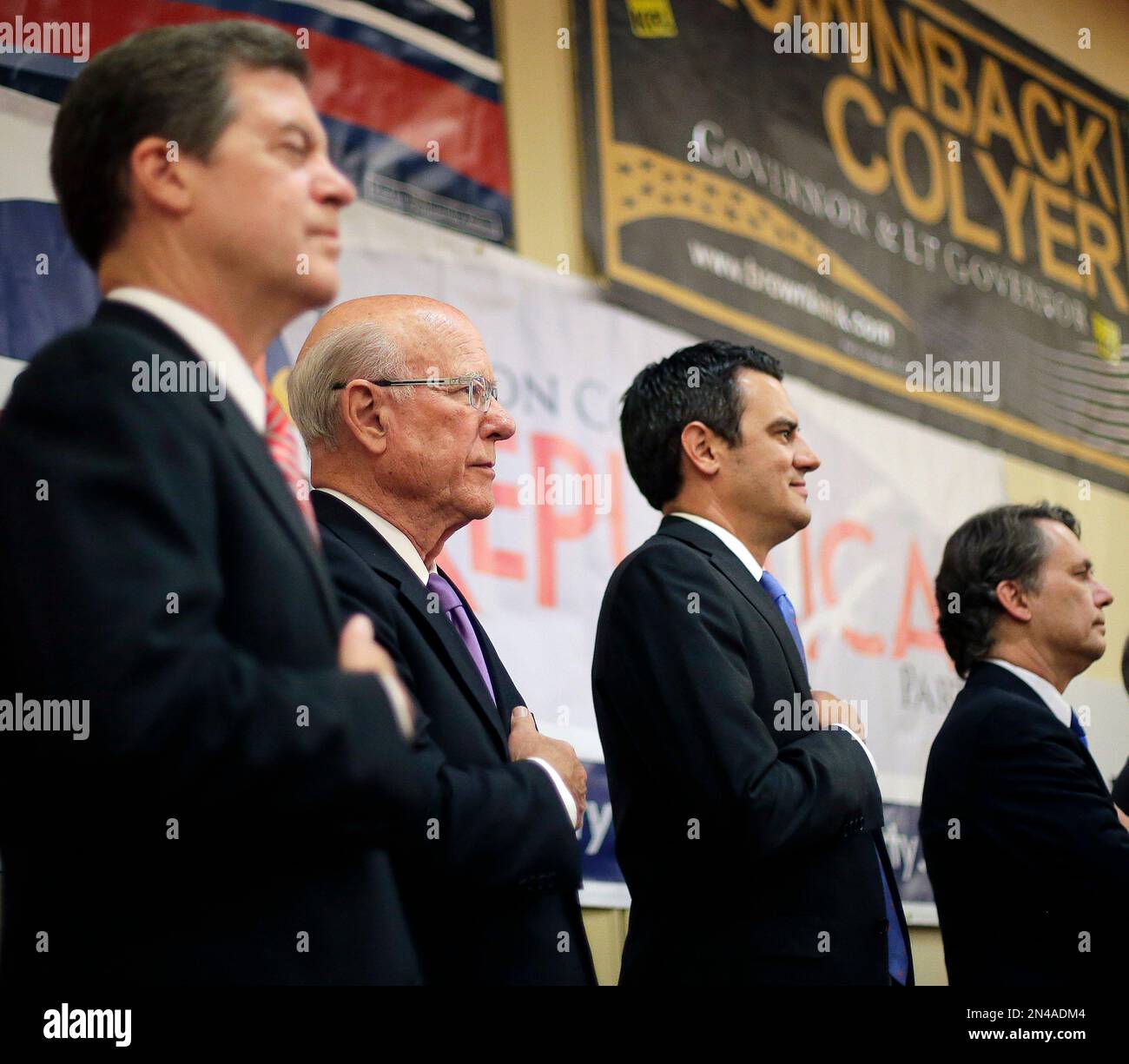 Kansas Gov. Sam Brownback, from left, U.S. Sen. Pat Roberts ...