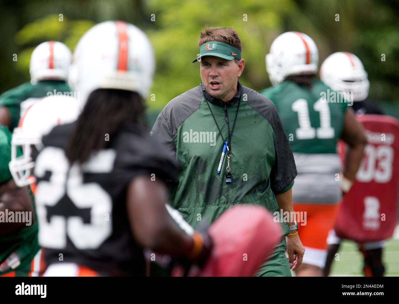 Miami Hurricanes coach Al Golden watches his team run drills during the ...