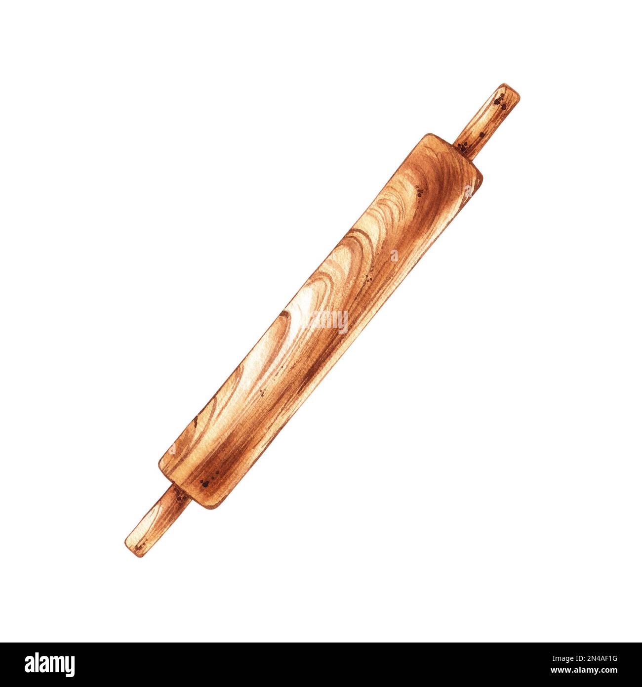 Watercolor wooden rolling pin on a white background. Baking rolling pin ...