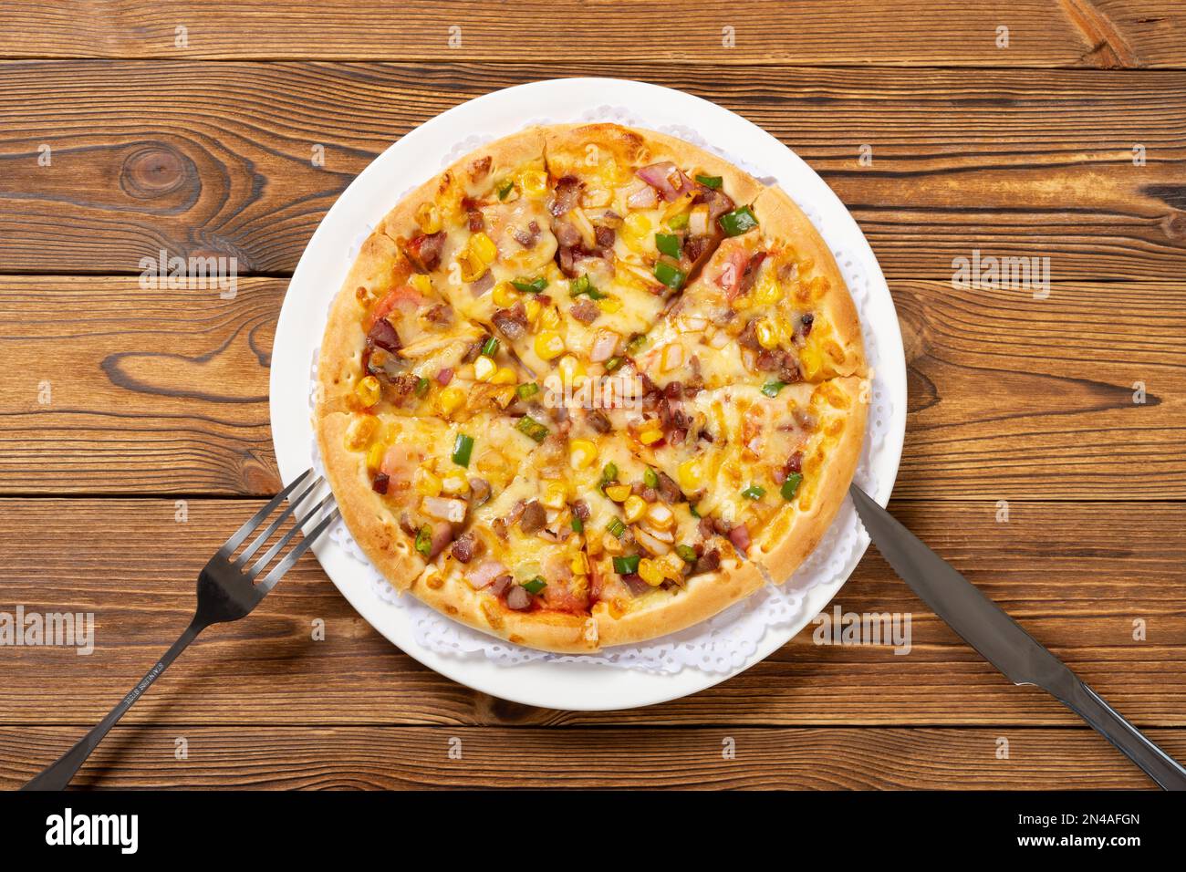 top view eating fresh pizza with BBQ pork toppings Stock Photo - Alamy
