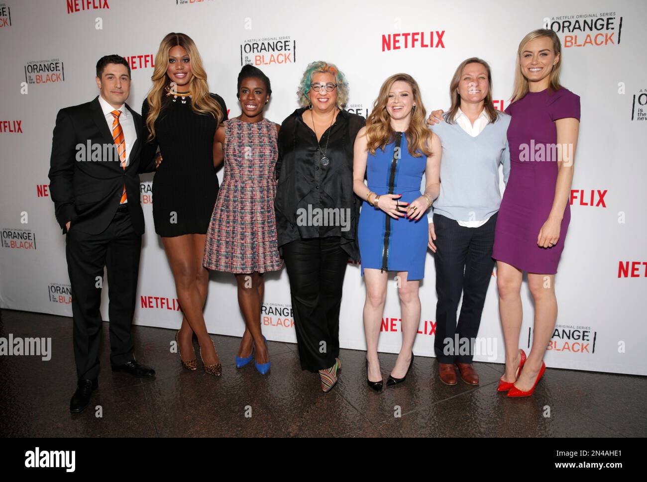 Jason Biggs, from left, Laverne Cox, Uzo Aduba, writer Jenji Kohan ...