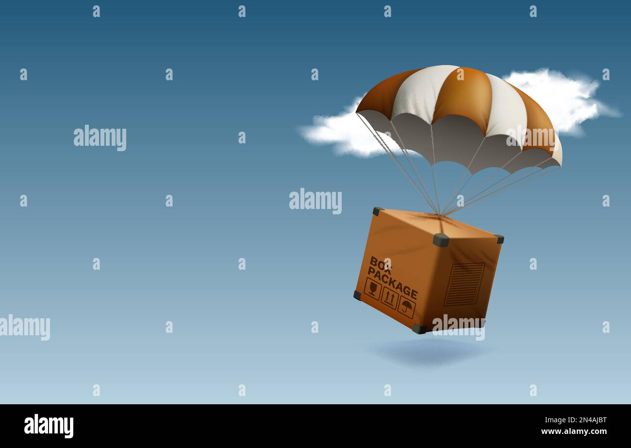 Package in a box by parachute, delivery by air. Vector illustration ...