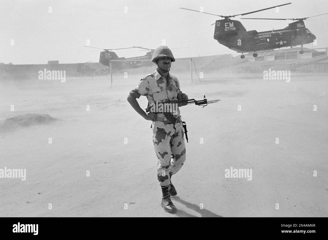 An Egyptian Army soldier with a rifle and fixed bayonet, guards a ...