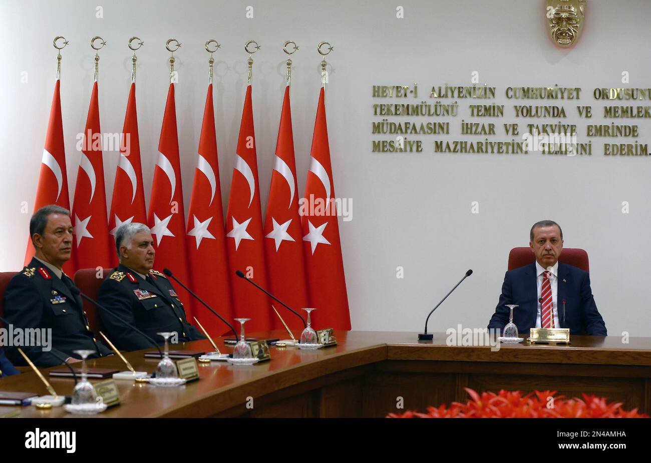 Turkish Prime Minister Recep Tayyip Erdogan, right, and army commanders ...