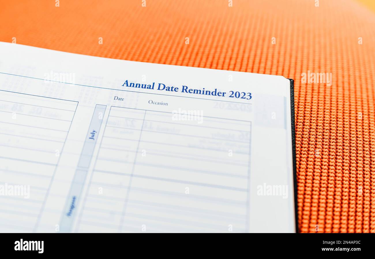 Annual date reminder text inside business agenda for 2023 calendar year ...