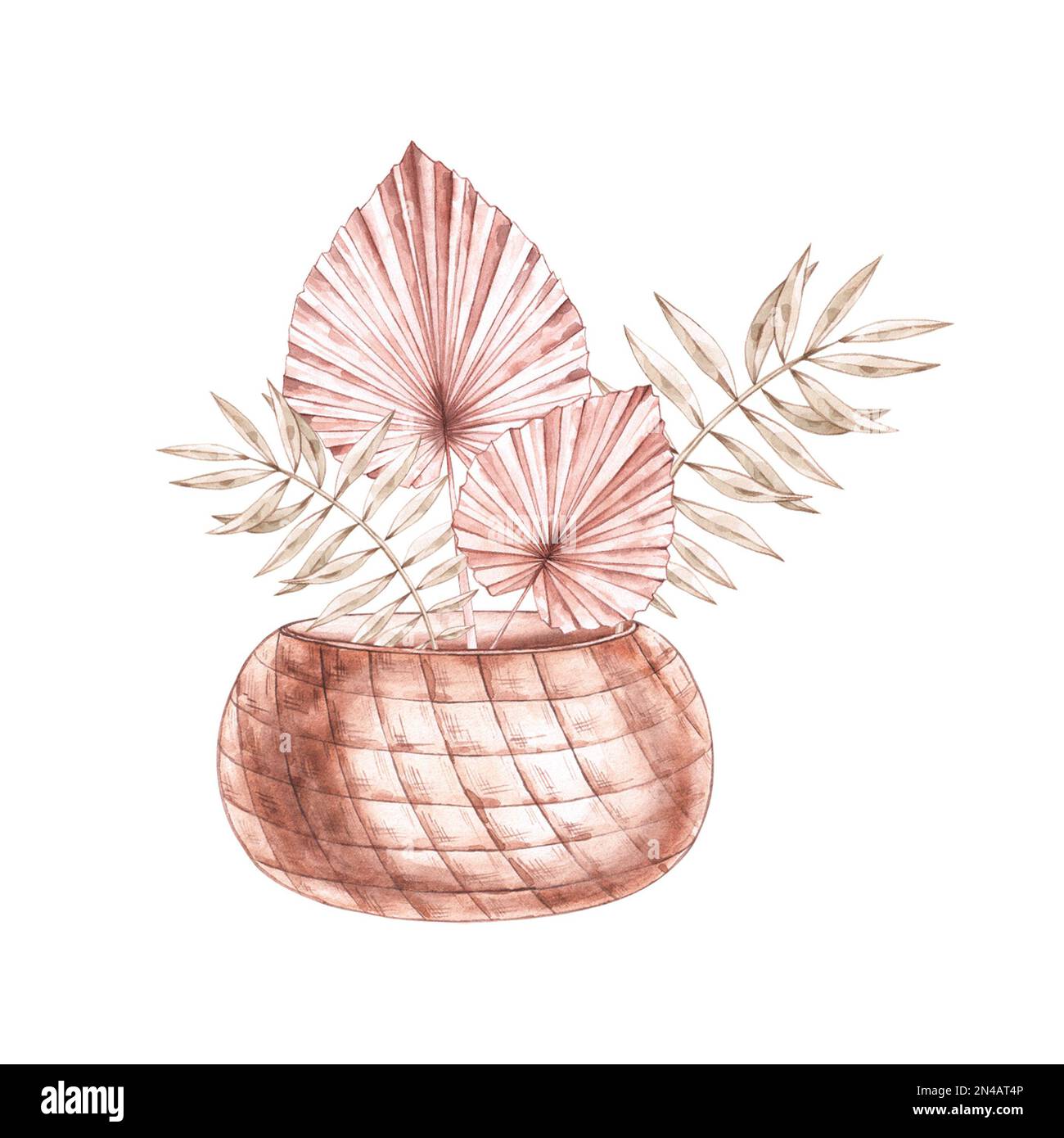 Watercolor basket with tropical flowers on a white background in boho ...