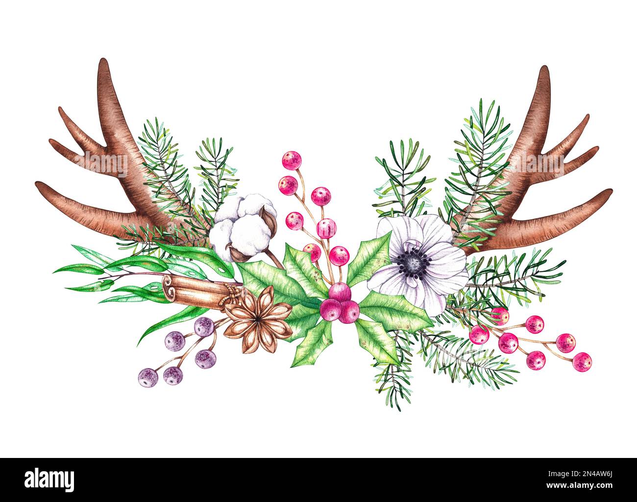 Watercolor Christmas horns with a composition of flowers, needles for ...