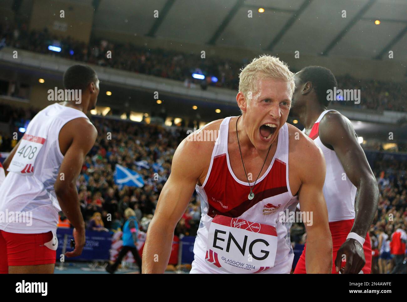 Daniel Awde of the England Men's 4x400m relay team celebrates after ...