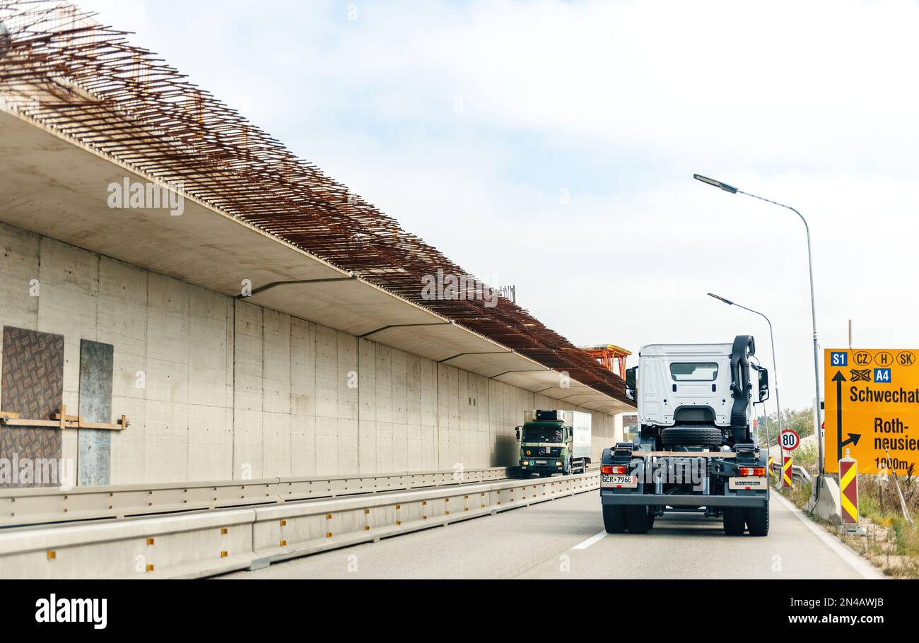 Austria - Sep 30 , 2014: Rear view of white Mercedes-Benz truck driving ...