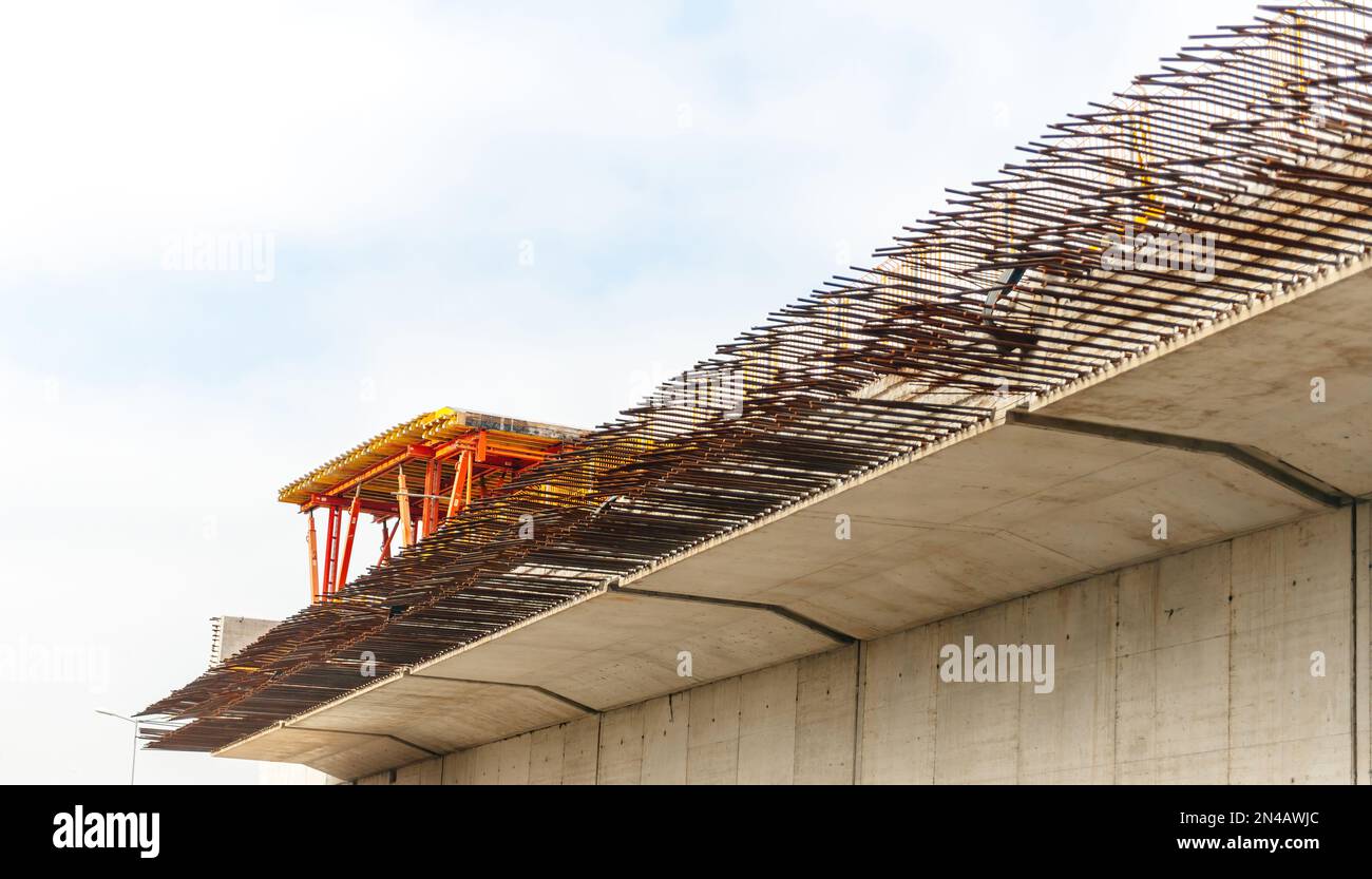 Bridge construction detail with steel parts exposed through the ...