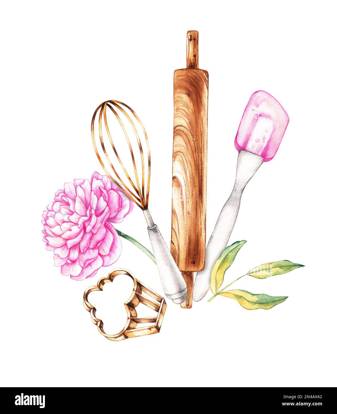 Watercolor composition of baking tools on a white background. Baking ...