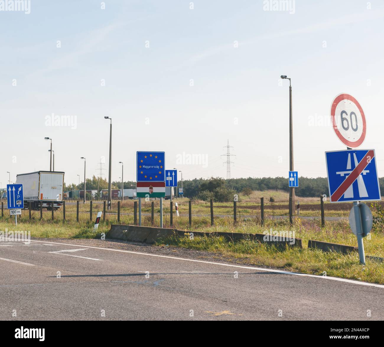 Entering Magyarorszag Hungary border signage inside EU flag street sign ...