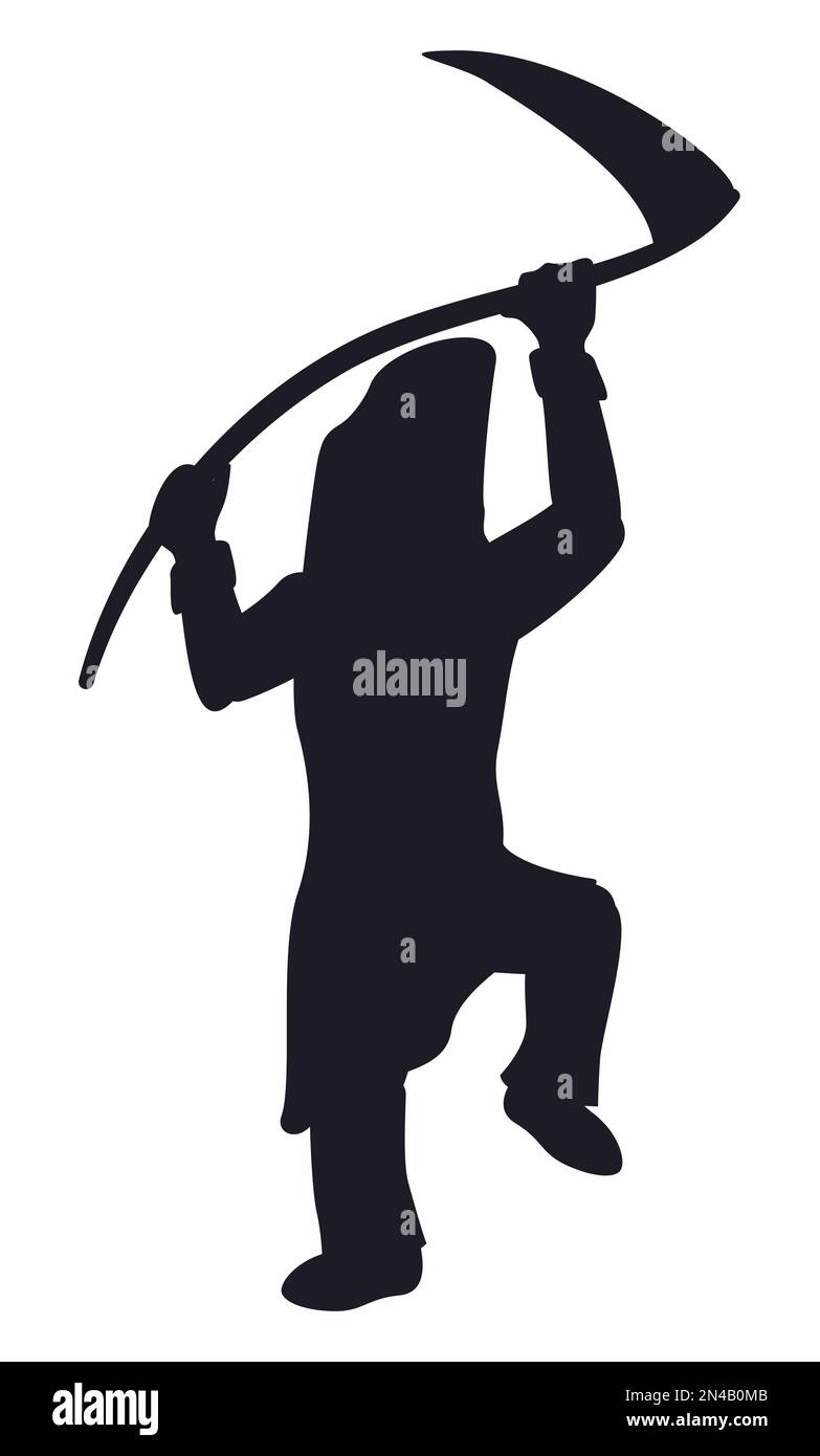 Dark silhouette of man disguised like death with scythe, Vector Black ...