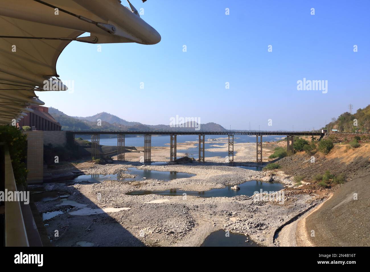 panoramic landscape view of beautiful river Narmada near the Statue of Unity in Gujarat in India ...