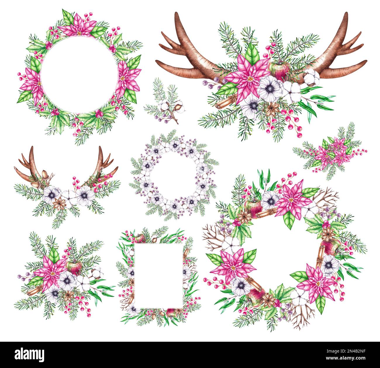 Watercolor set of Christmas bouquets, frames, wreaths, horns. Boho ...