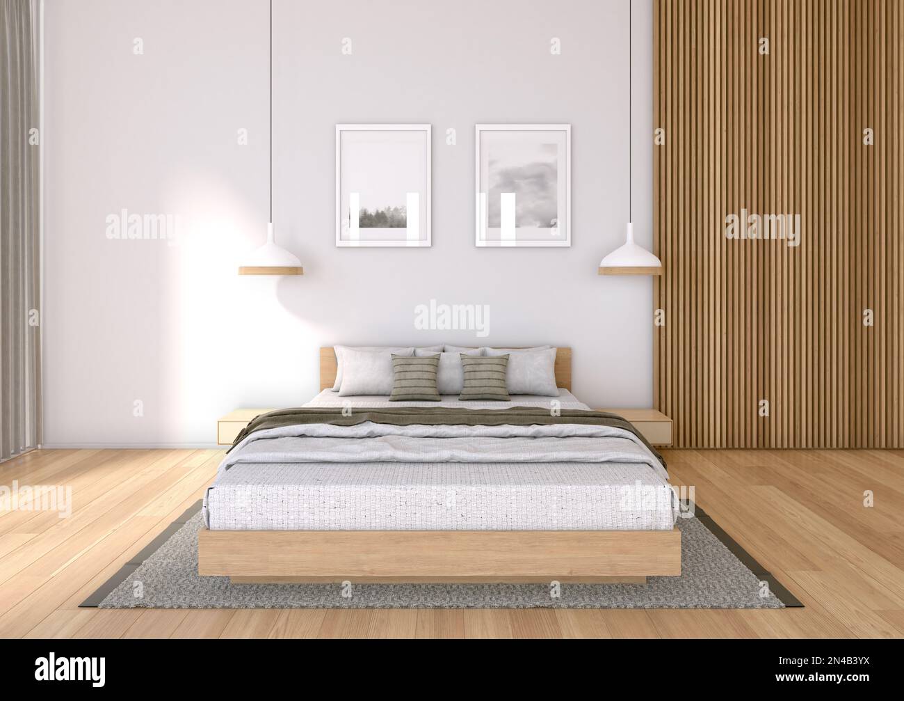 Interior image of a fully equipped bedroom, containing a bed, a bedside ...