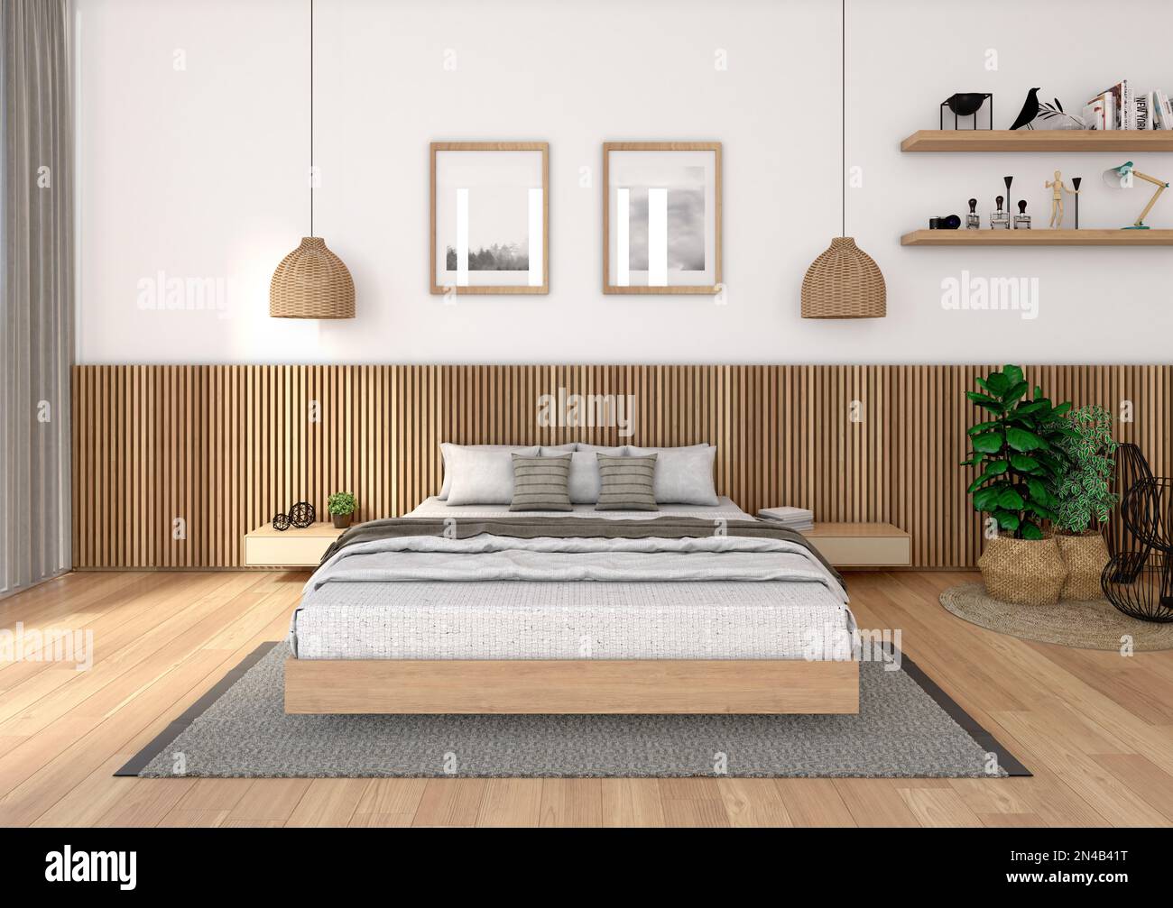 Interior image of a fully equipped bedroom, containing a bed, a bedside ...