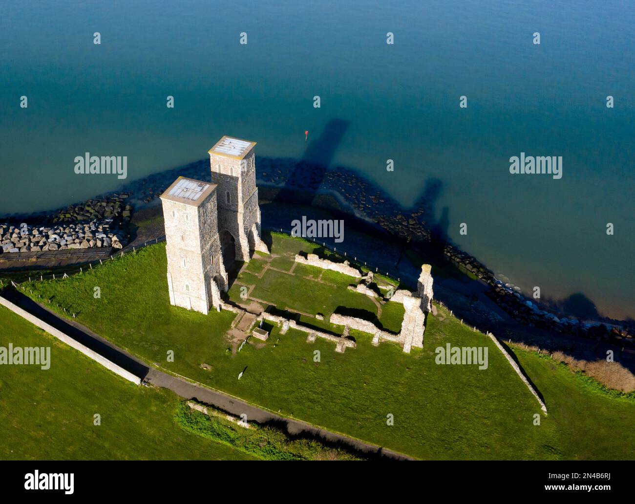 Aerial image of the ruins of St Mary's Church, at Reculver Country Park ...