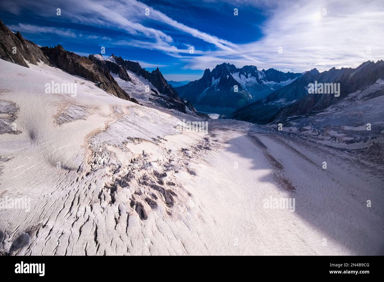 Slopes and crevasses of the upper part of the Géant Glacier, leading ...