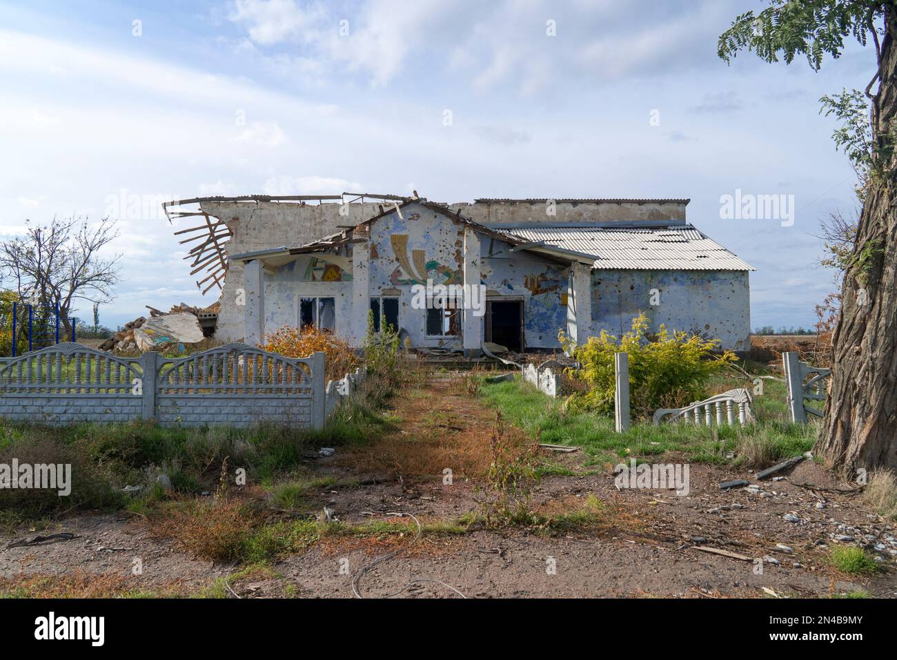 Countryside. House destroyed by shelling. War in Ukraine. Russian ...