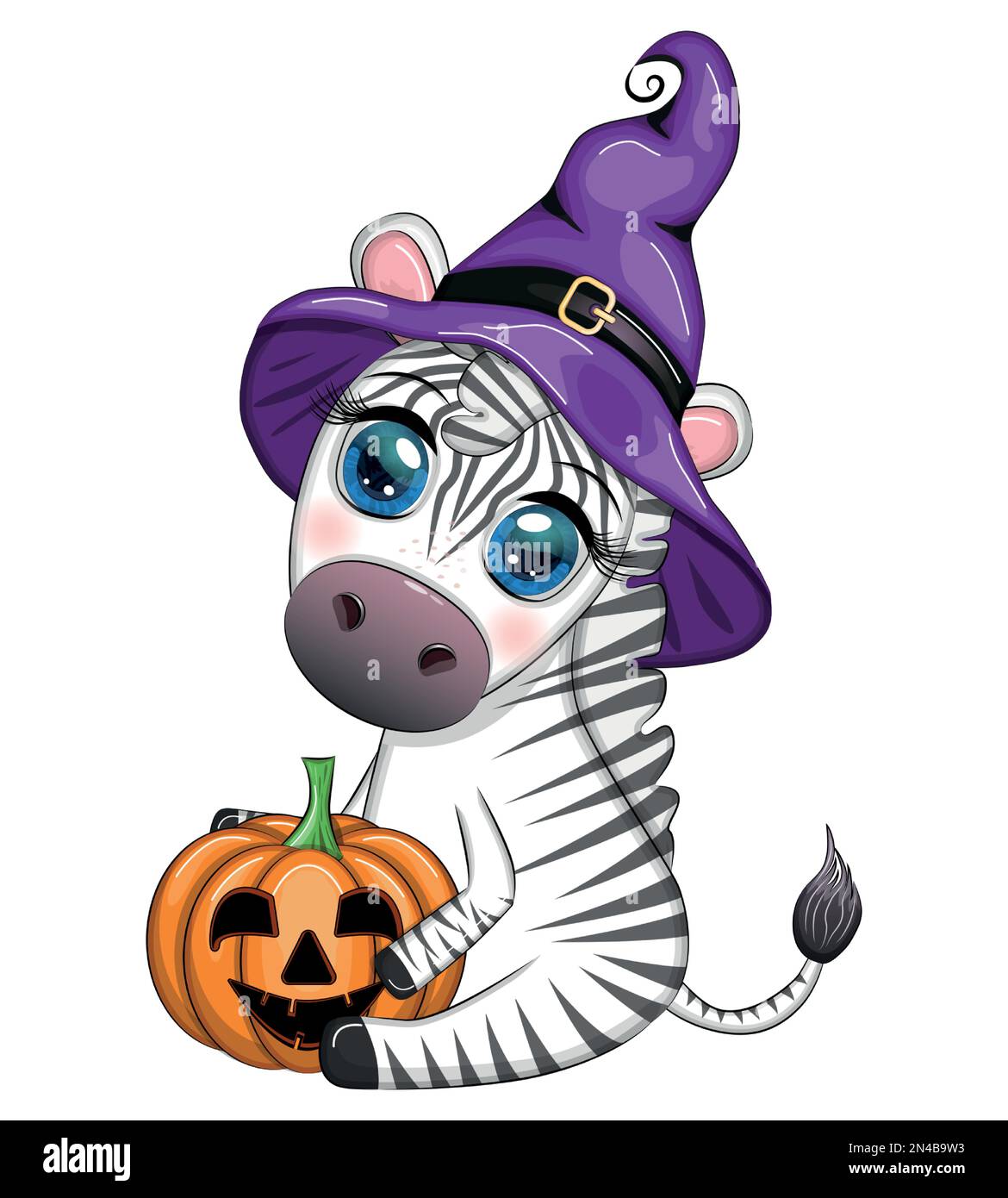 Cute zebra in witch hat, with broom, pumpkin jack, magic potion. Poster ...