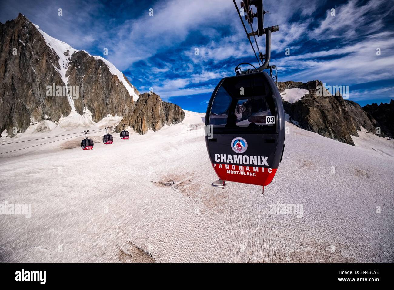 A cabin of the Panoramic Mont Blanc cable car between Aiguille du Midi ...