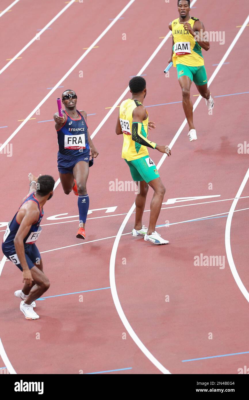 AUG 06, 2021 - Tokyo, Japan: France's Thomas Jordier passes the relay ...