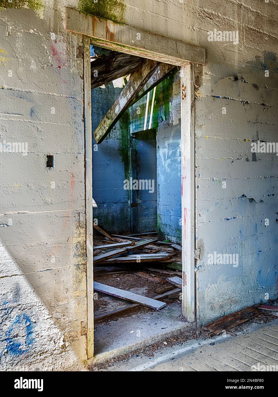 Ceiling debris from an old farm building at the Northern State Hospital in Washington is visible ...