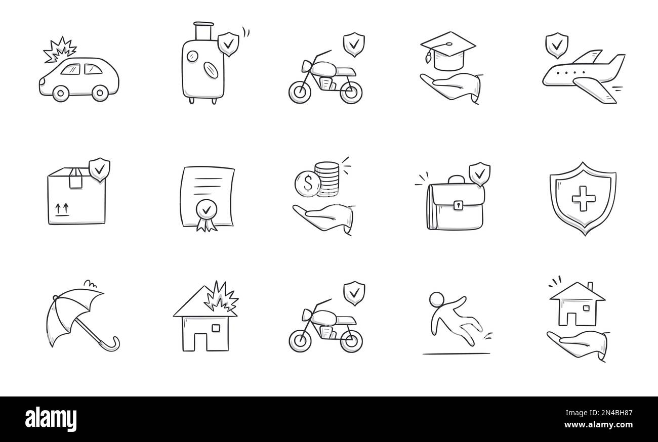 Insurance doodle icon set. Hand drawn sketch life shield, insurance ...