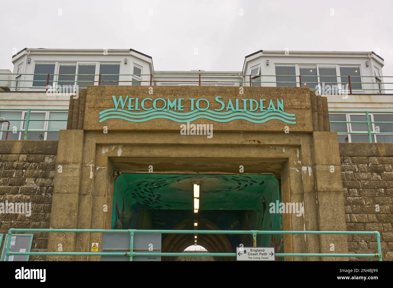 Underpass and cafe buildings on the seafront at Saltdean near Brighton ...
