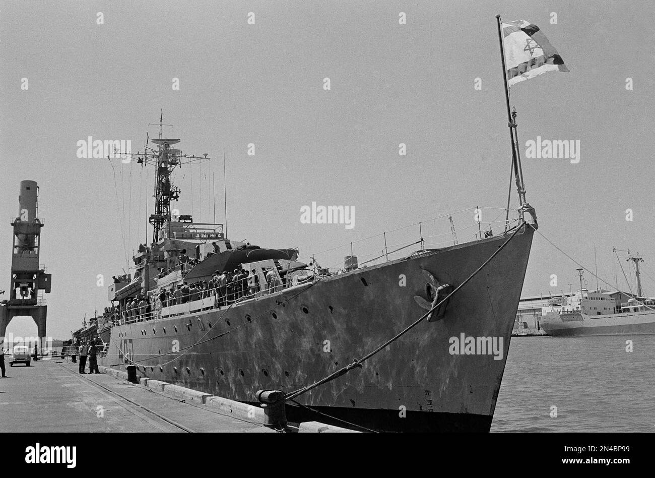 The Israeli destroyer Elath is tied up at a quay somewhere on the ...