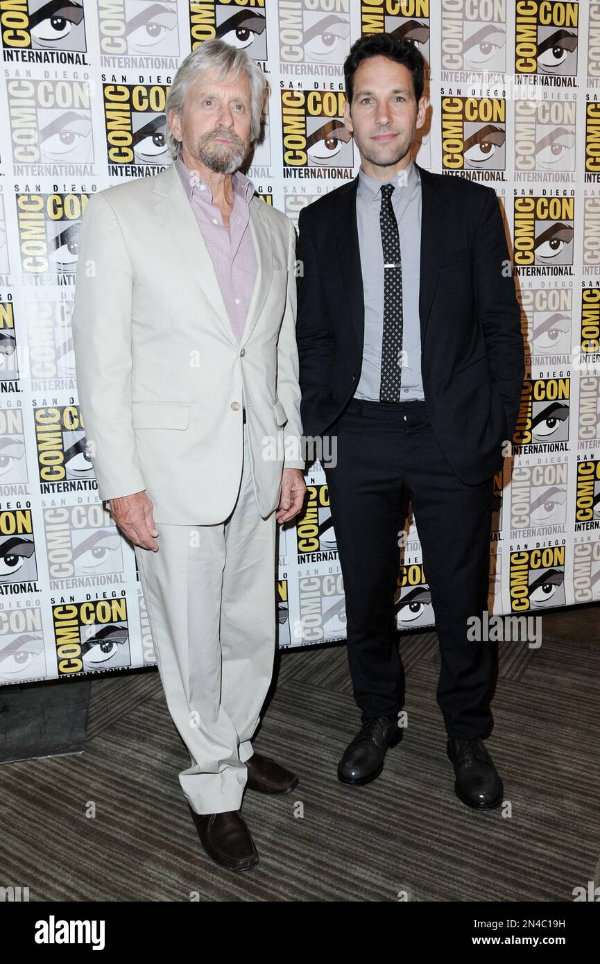 Michael Douglas, left, and Paul Rudd attend the Marvel press line on ...