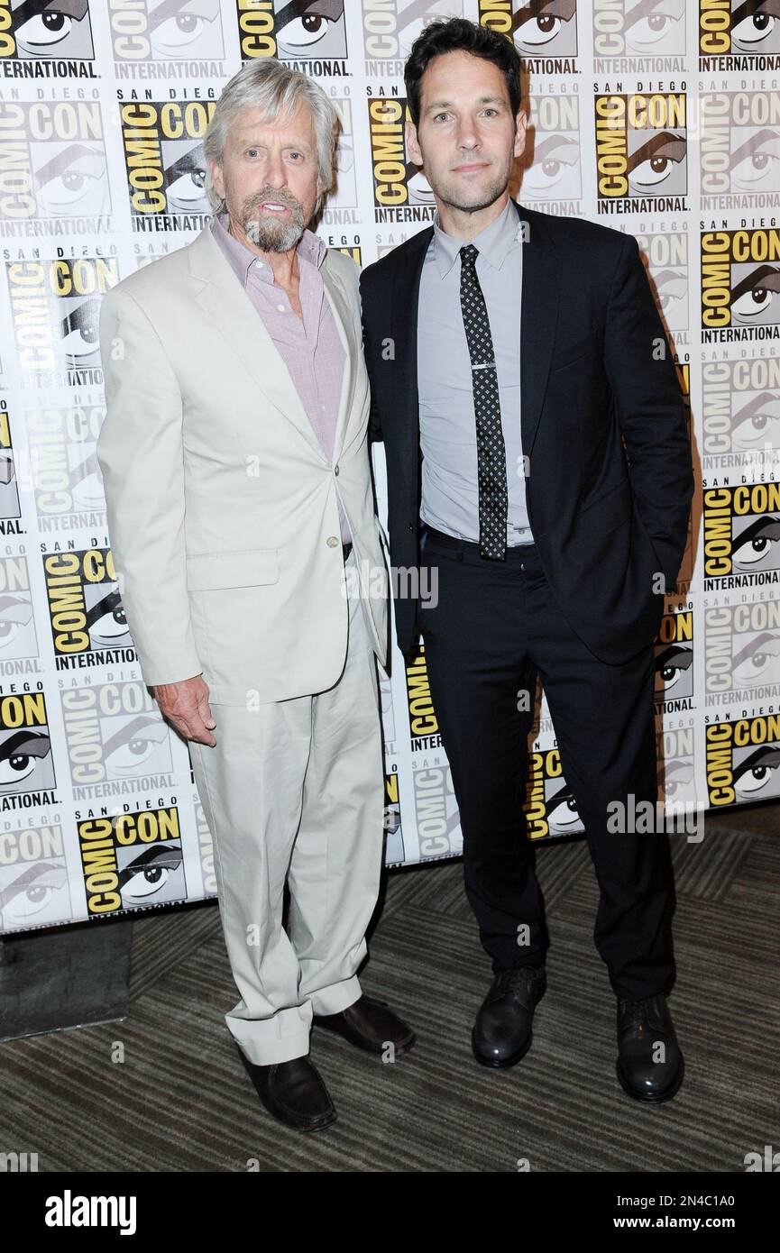 Michael Douglas, left, and Paul Rudd attend the Marvel press line on ...