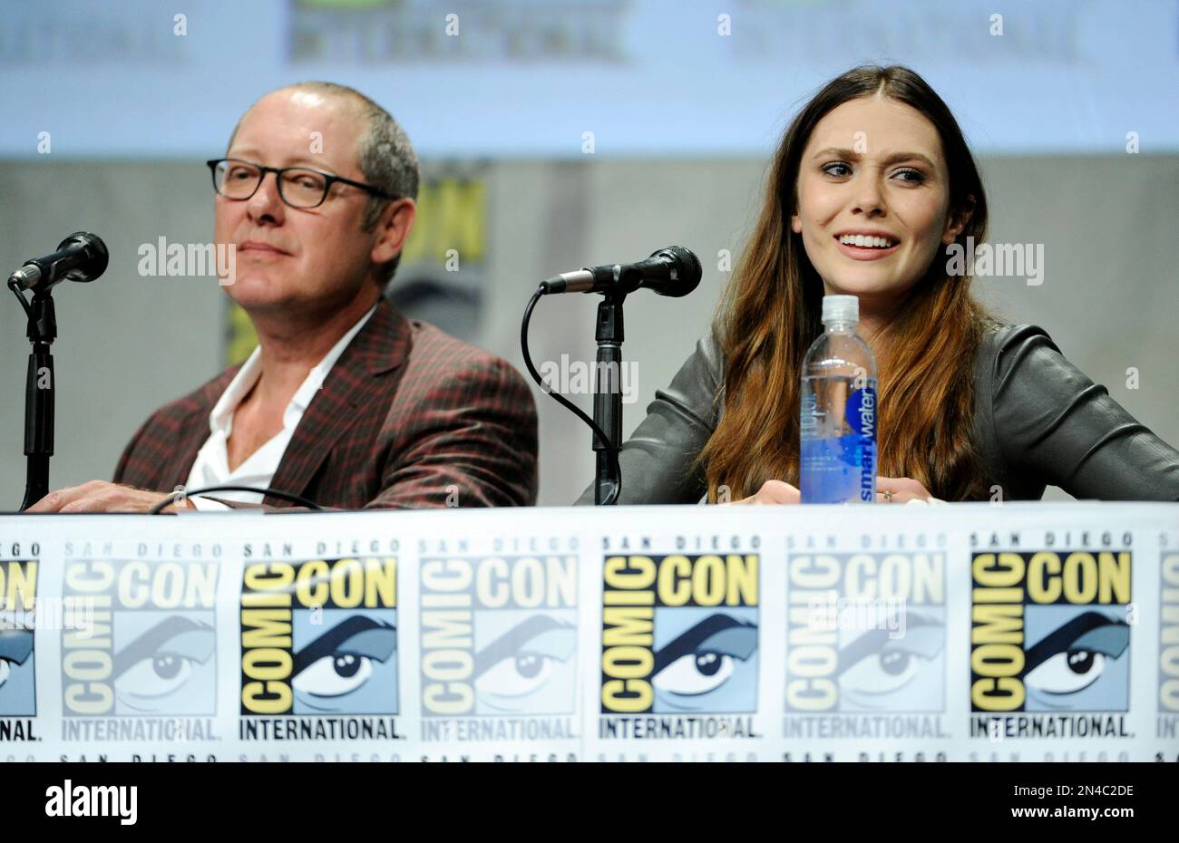 Actors Elizabeth Olsen, right, and James Spader take part in the Marvel ...