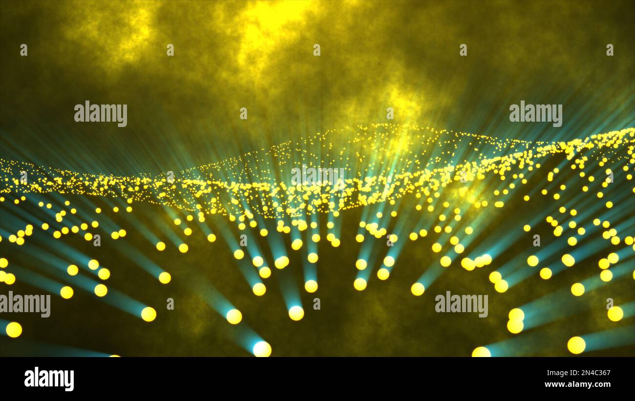 Yellow glowing particles flying in whirlwind. Red bokeh particle ...