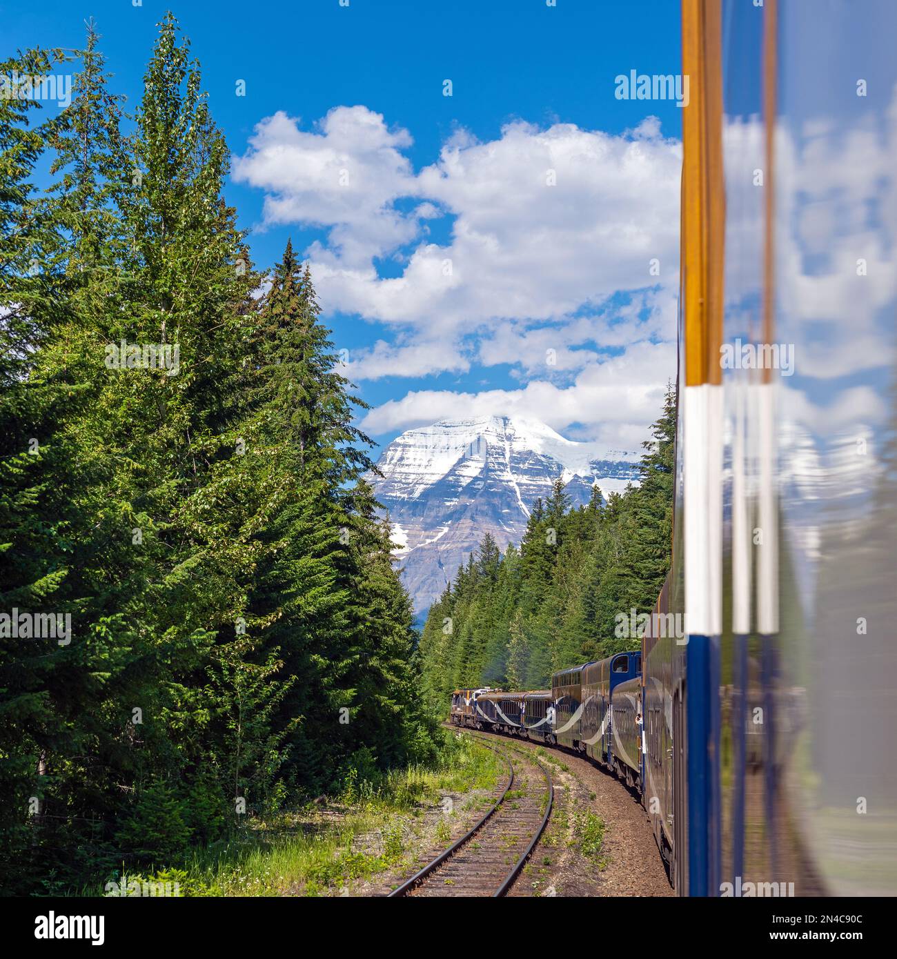 Mount Robson peak in summer seen from Rocky Mountaineer train, Mount ...