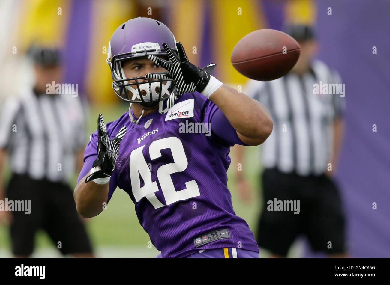 Minnesota Vikings fullback Jerome Felton catches a pass during a drill ...