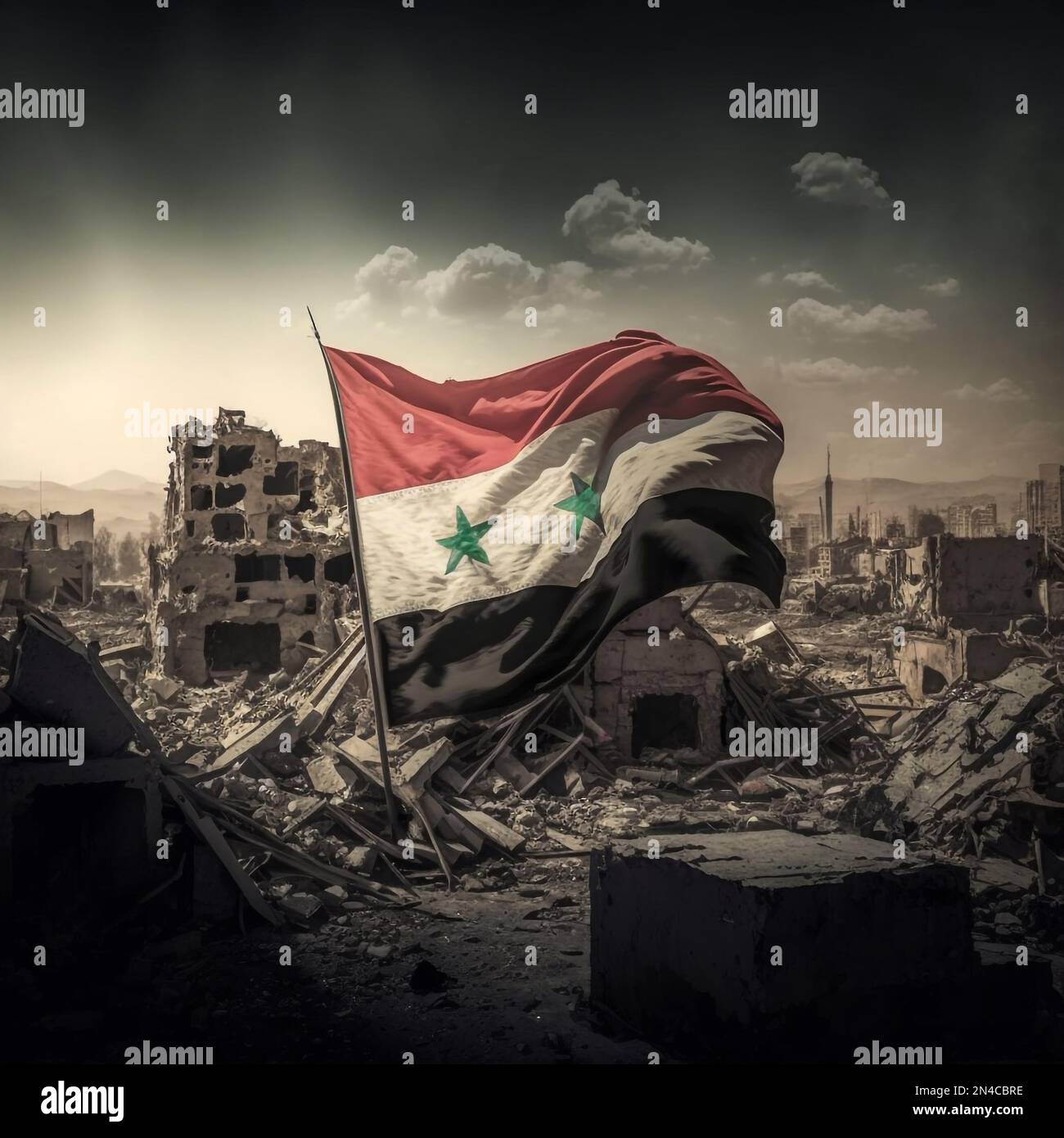 The Syrian flag flies over the state after the earthquake. Ruins ...
